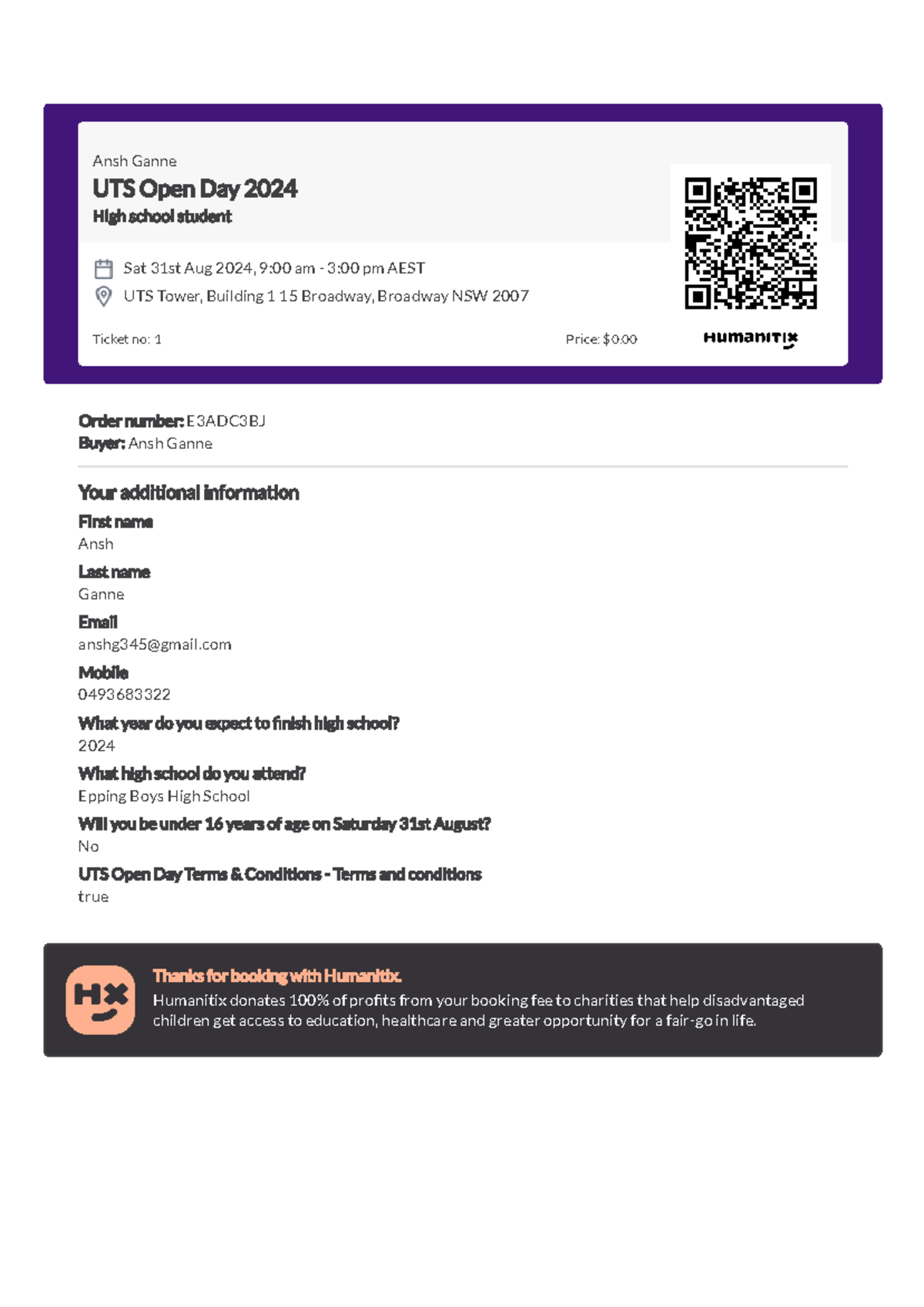 UTS Open Day Ticket - Order number: E3ADC3BJ Buyer: Ansh Ganne Your ...