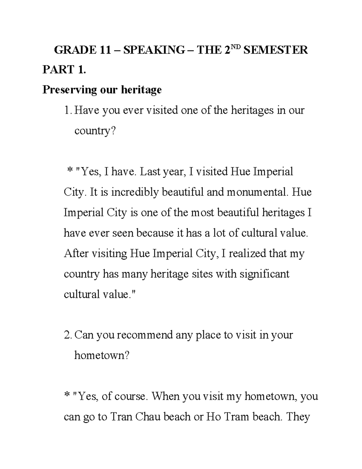 Grade 11 Speaking 2ND Semester Official - GRADE 11 – SPEAKING – THE 2 ...