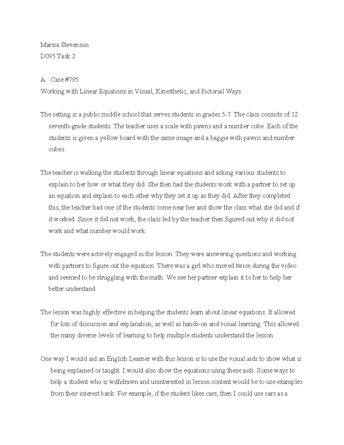 Essay for class on methods of teaching - Marisa Stevenson D095 Task 2 A ...