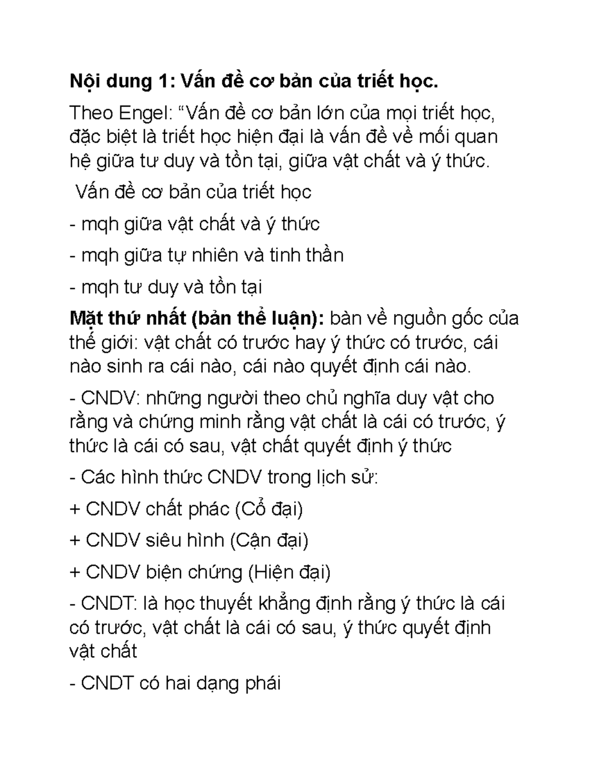 Triết - Triết - Nội dung 1: Vấn đề cơ bản của triết học. Theo Engel ...