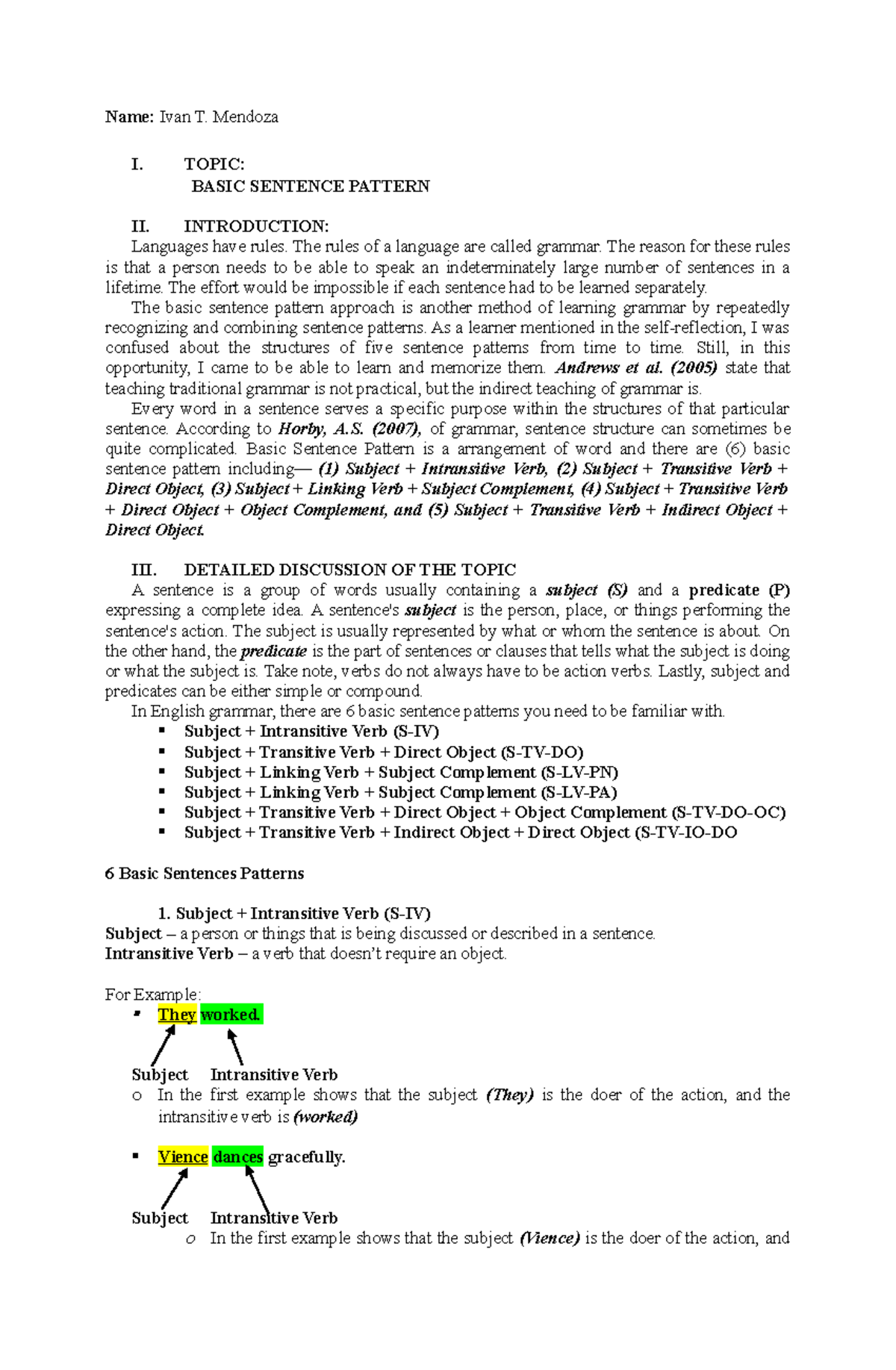 ENG111-09 - Good - Name: Ivan T. Mendoza I. TOPIC: BASIC SENTENCE ...