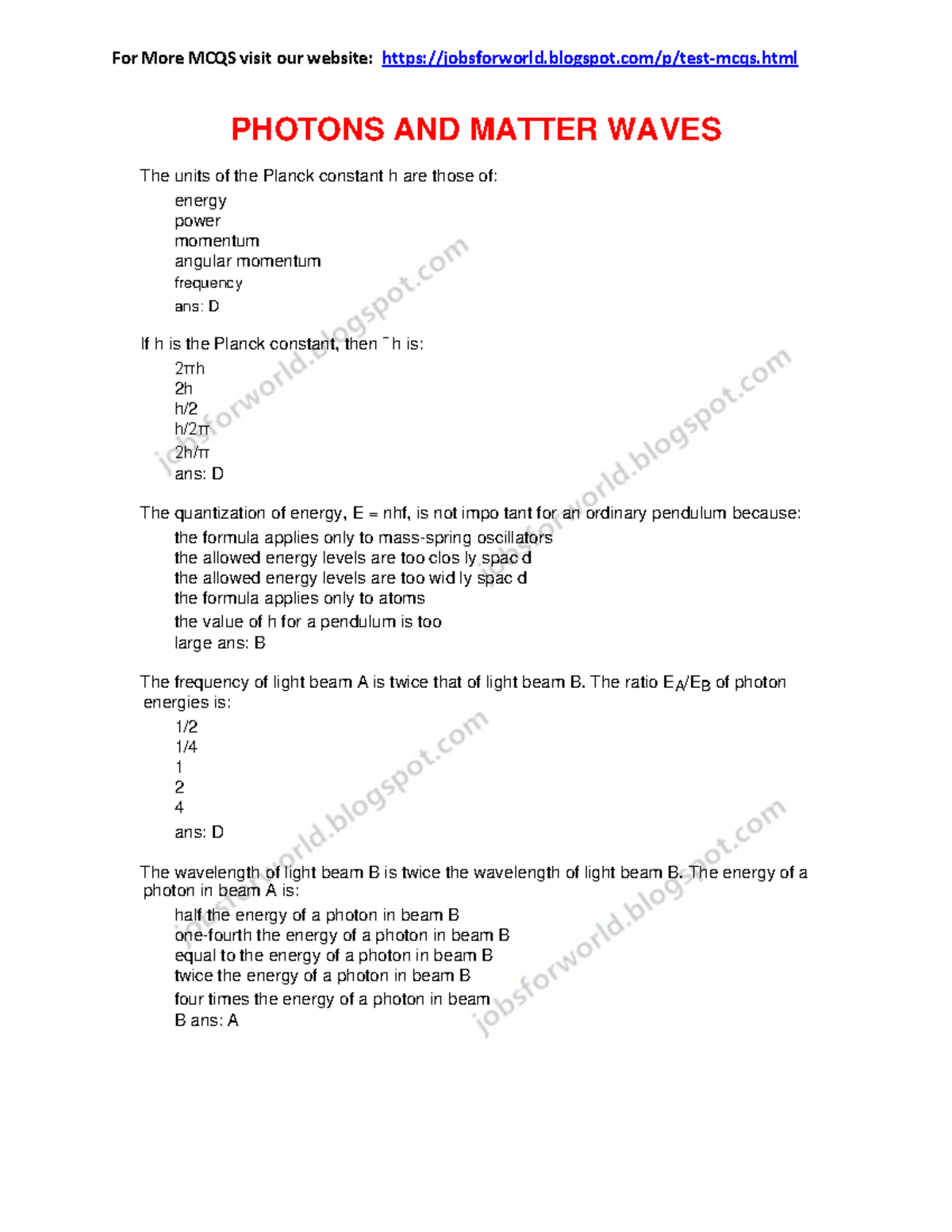 Physics Photons AND Matter Waves MCQS - PHOTONS AND MATTER WAVES The ...