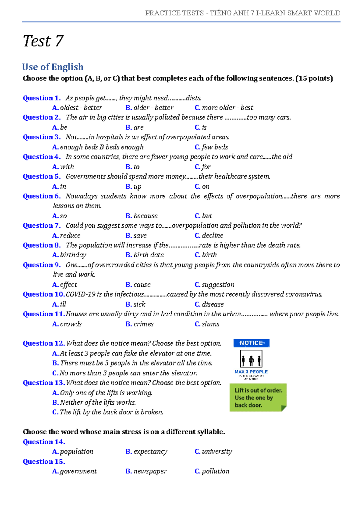 Test 7 - Lecture notes - Test 7 Use of English Choose the option (A, B ...