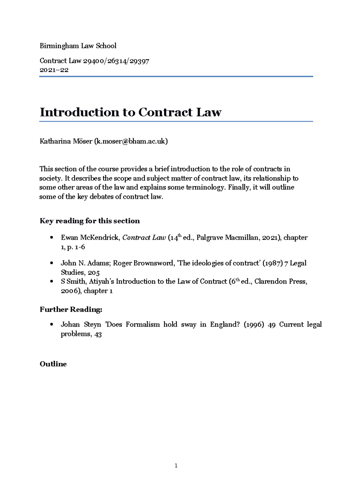 Week 1 - Intro to Contract Law - Birmingham Law School Contract Law ...