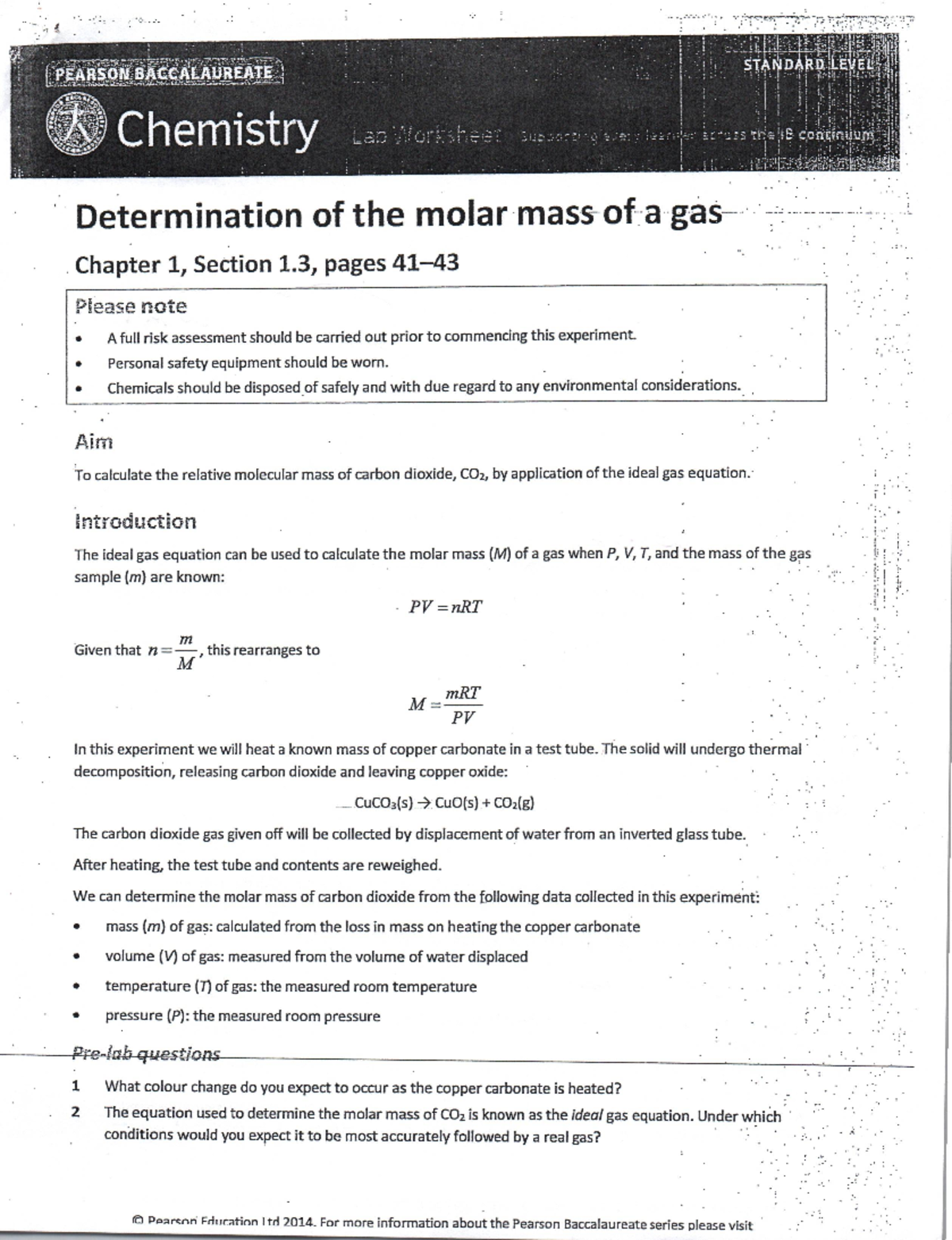 Lab for molar mass - STANDARD LEVEL PEARSON BACCALAUREATE Chemistry ...