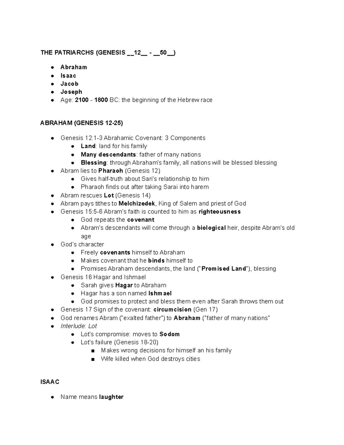 Bible 105 Notes Chapter 3 - THE PATRIARCHS (GENESIS 12 - 50) Abraham ...