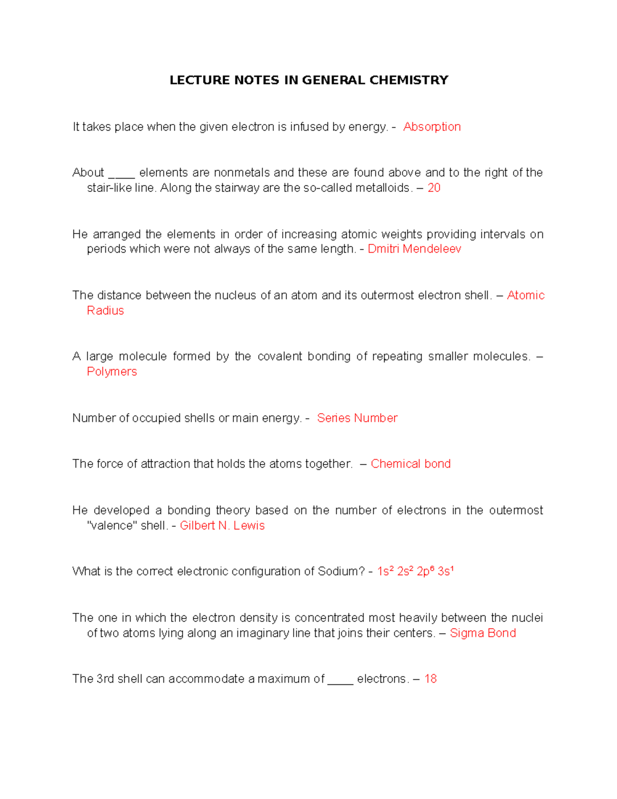 General Chemistry Reviewer Final EXAM - LECTURE NOTES IN GENERAL ...