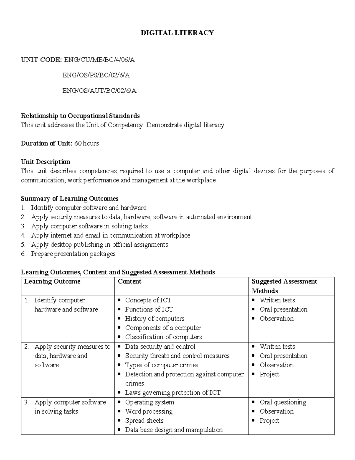 Course Outline digital literacy - DIGITAL LITERACY UNIT CODE: ENG/CU/ME ...