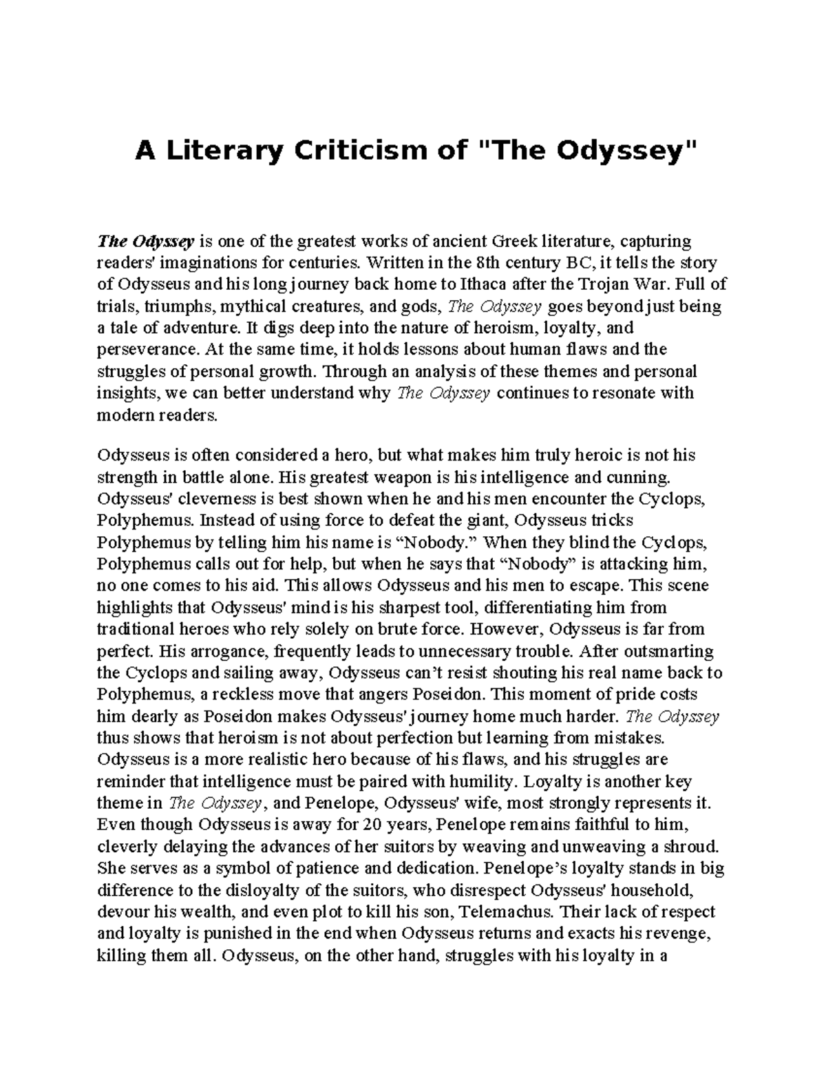 Litcrit writing - A Literary Criticism of "The Odyssey" The Odyssey is ...