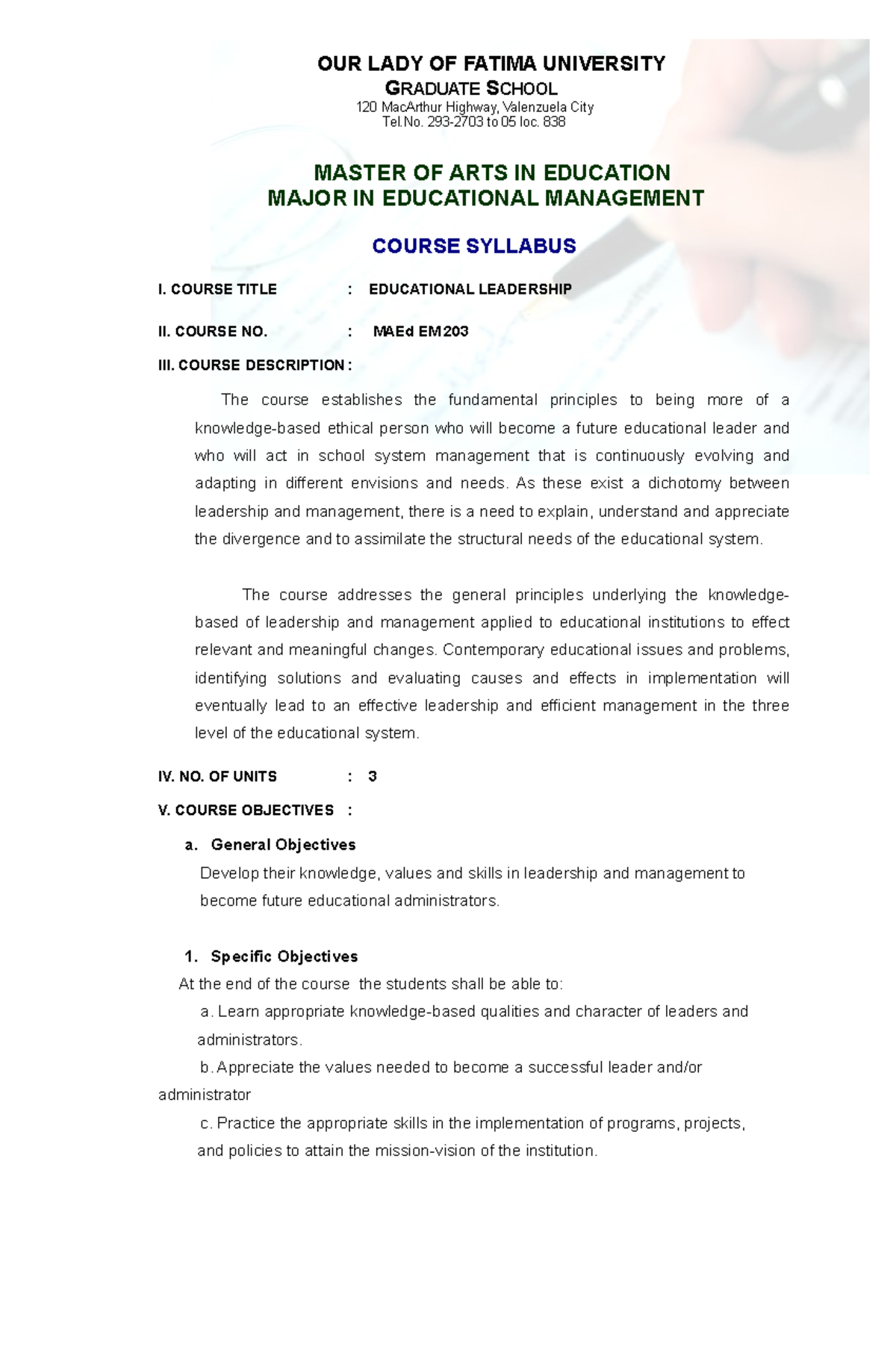 MAED EM 203 Educational Leadership - OUR LADY OF FATIMA UNIVERSITY ...