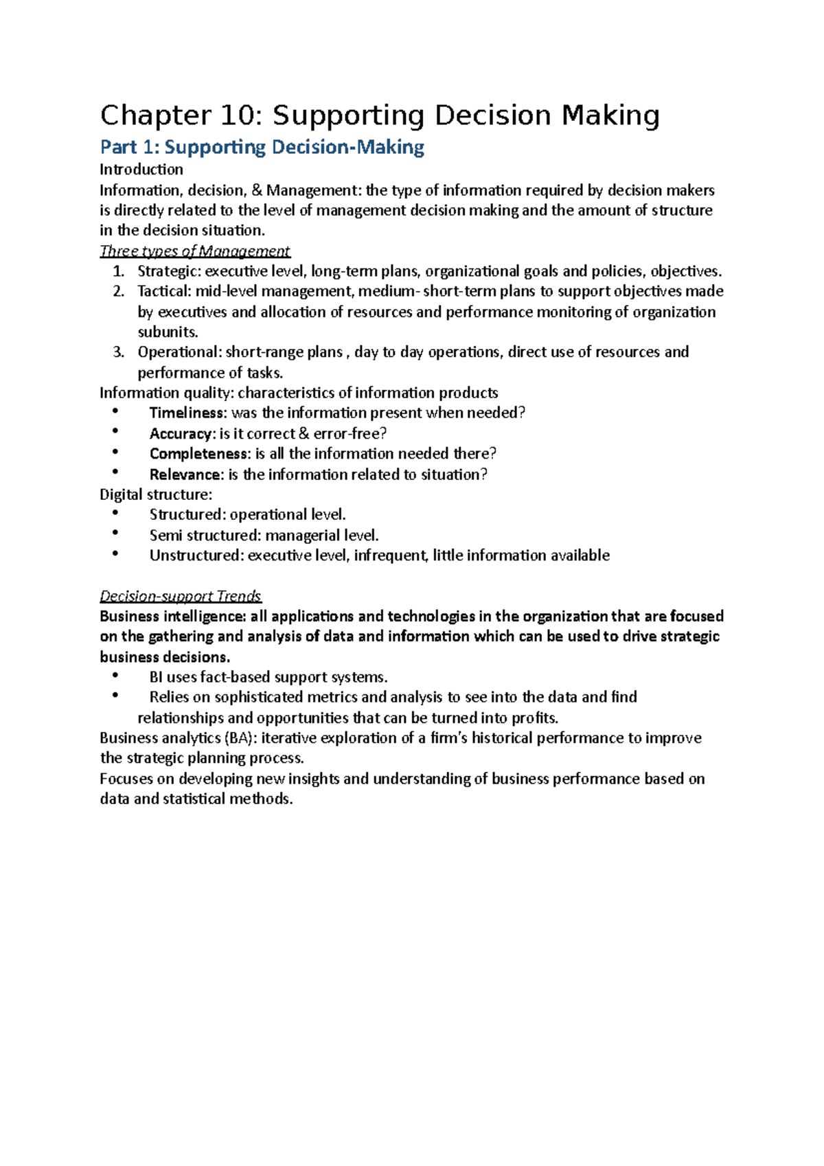 MIS Chapter 10- Supporting Decision Making - Chapter 10: Supporting ...
