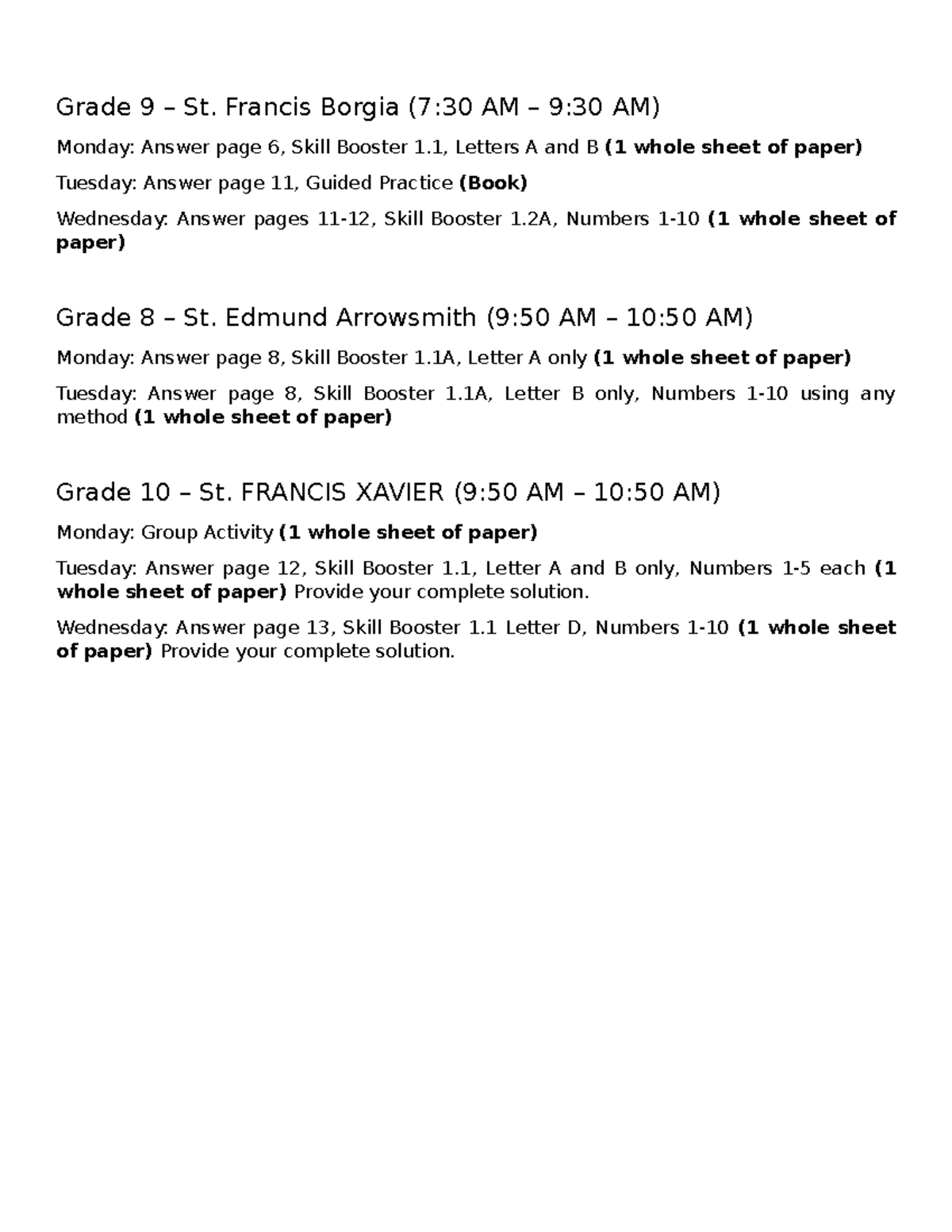 Activities - Compilation - Grade 9 – St. Francis Borgia (7:30 AM – 9:30 ...