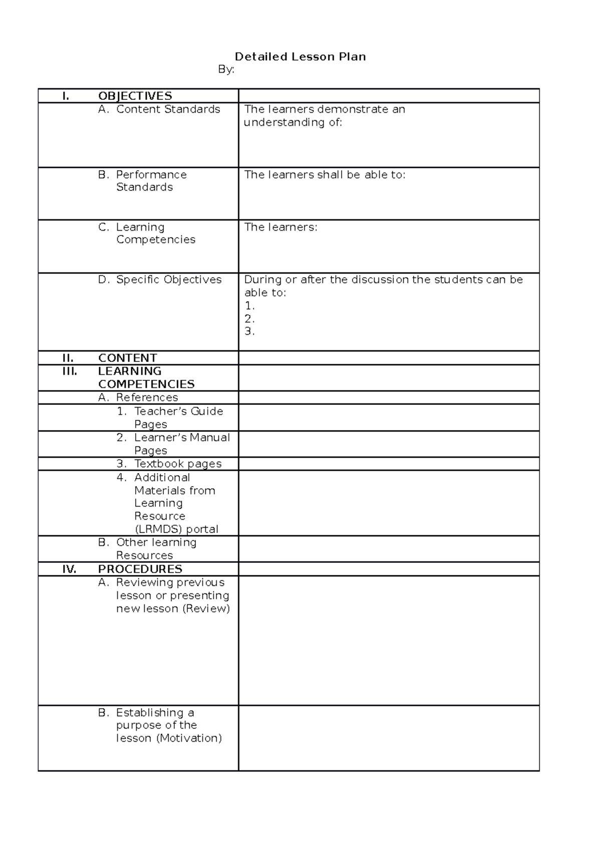 Detailed Lesson Log - Detailed Lesson Plan By: I. OBJECTIVES A. Content ...