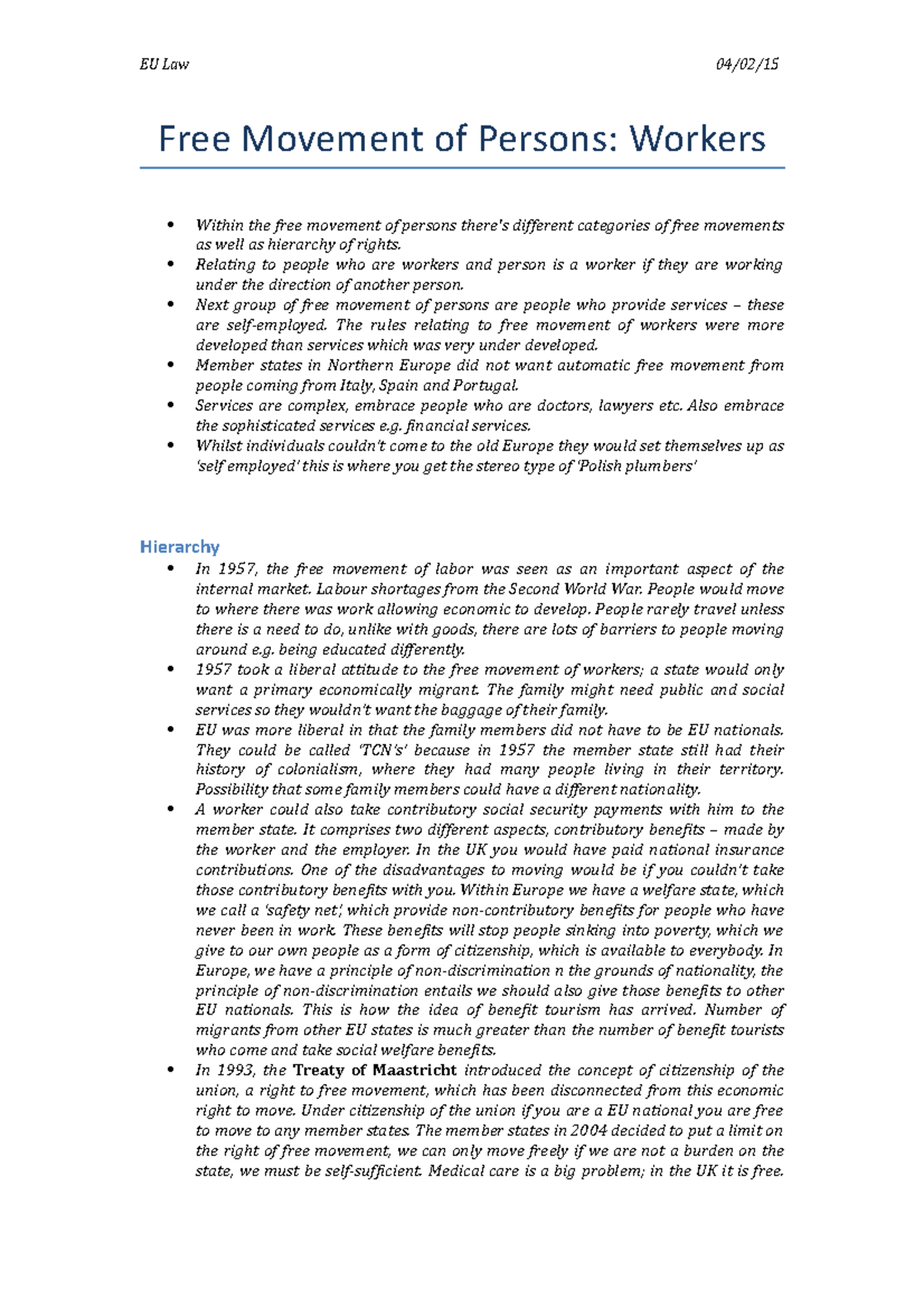 Free Movement of Persons - EU Law 04/02/15 Free Movement of Persons ...