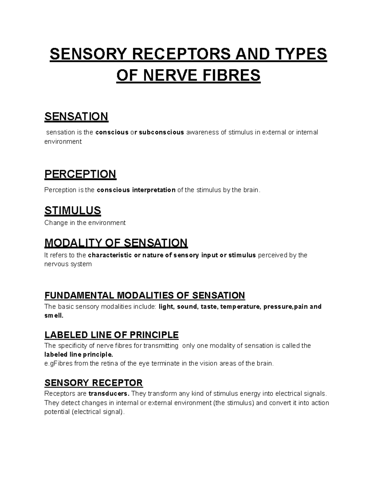 Sensory Receptors AND Types OF Nerve Fibres - SENSORY RECEPTORS AND ...