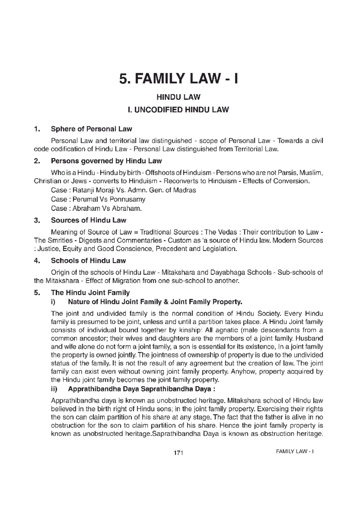 family law notes - 5. FAMILY LAW I HINDU LAW I. UNCODIFIED HINDU LAW 1 ...