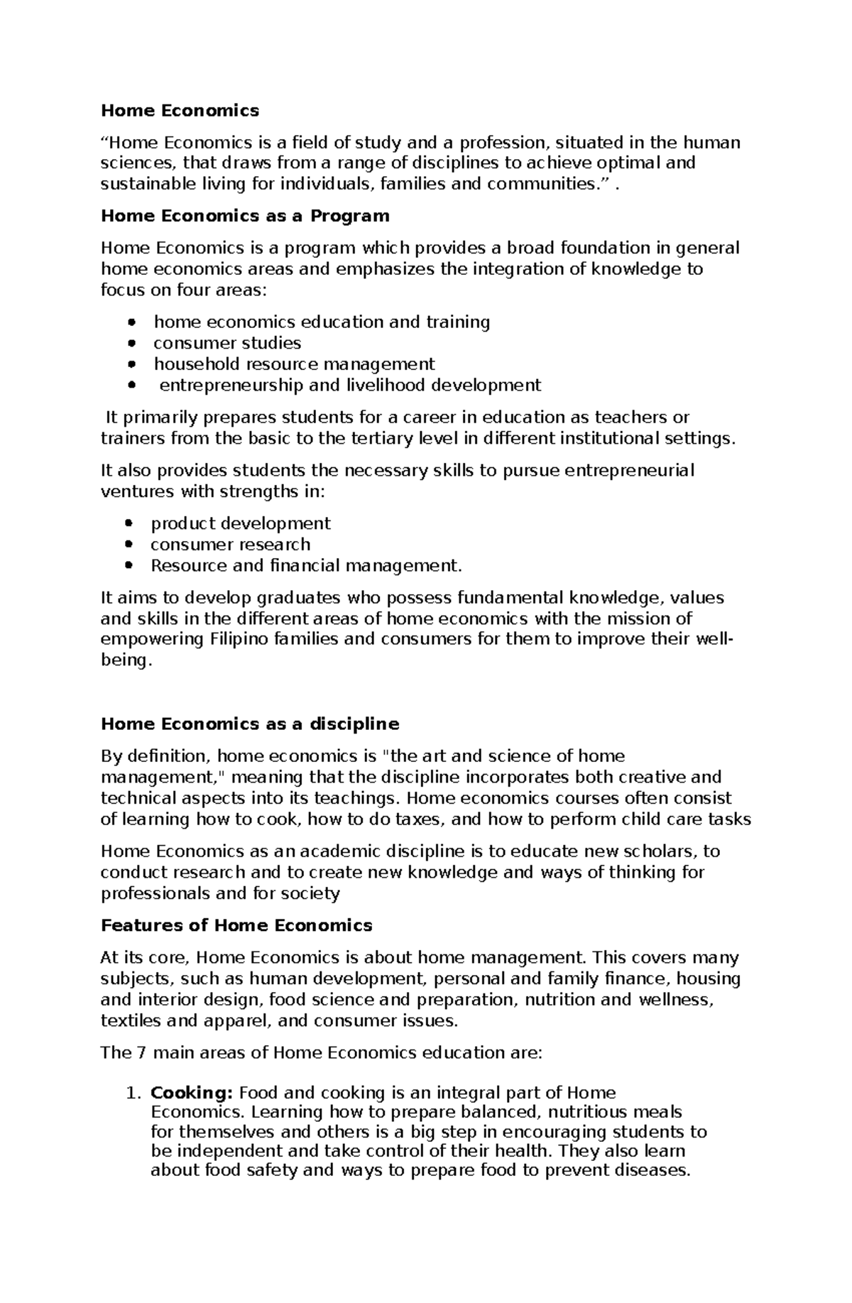 Introduction to HE Handout - Home Economics “Home Economics is a field ...