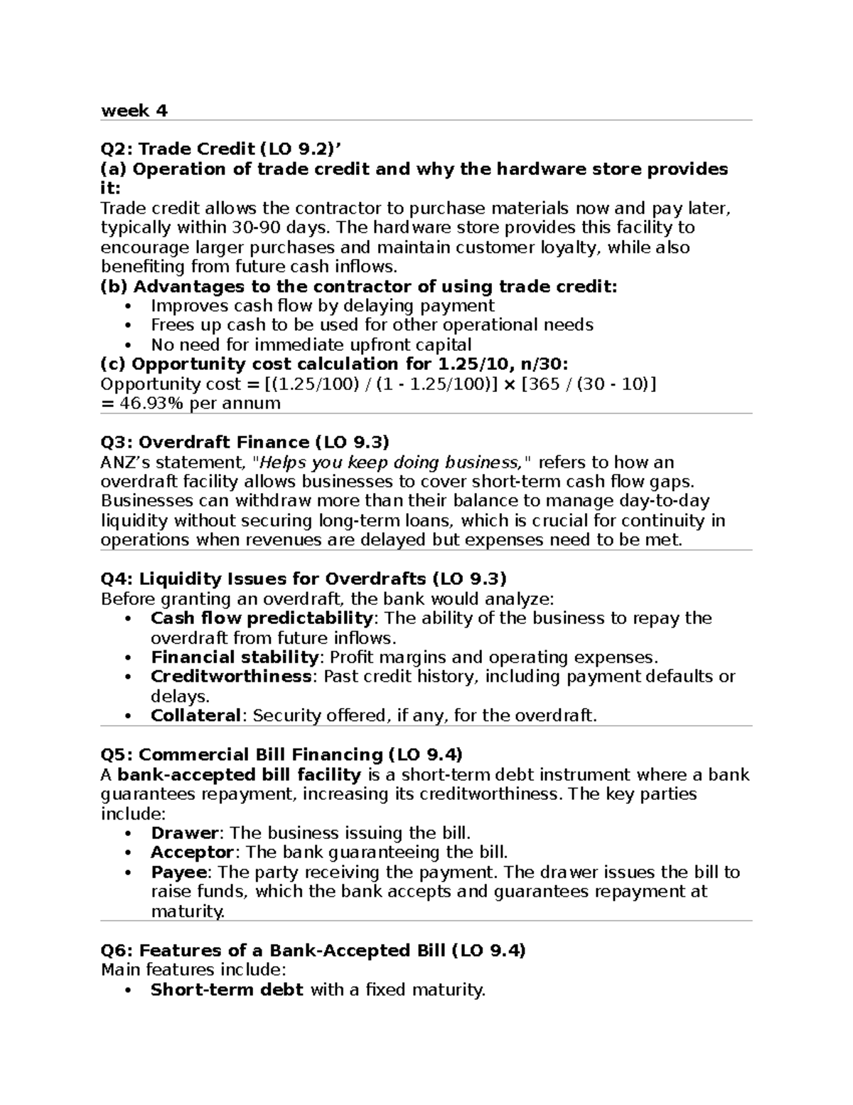 Week 4 tutorial - week 4 Q2: Trade Credit (LO 9)’ (a) Operation of trade credit and why the ...