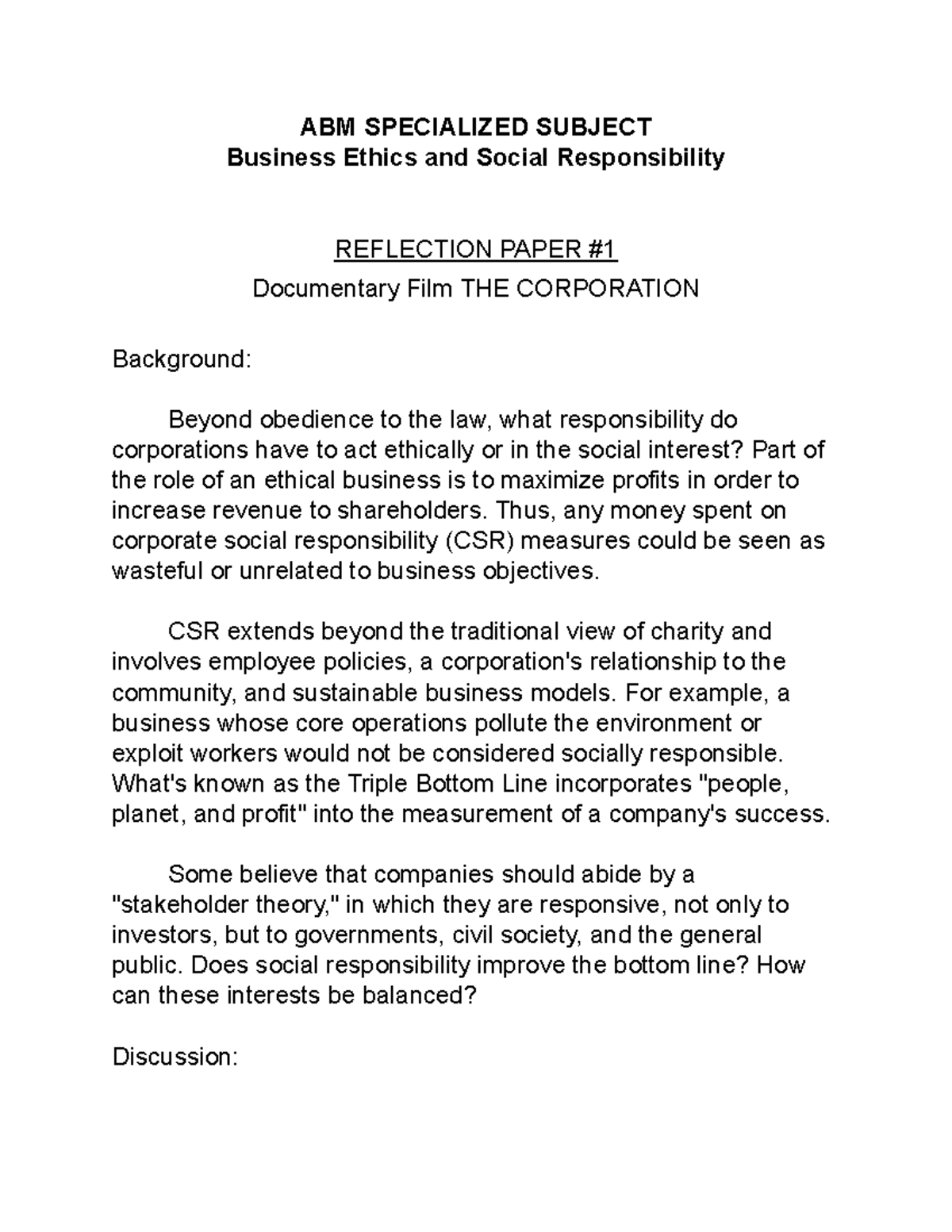 ABM 12 Bus Ethics reflection paper no. 1 2nd Sem 2017 - 2018 - Business ...