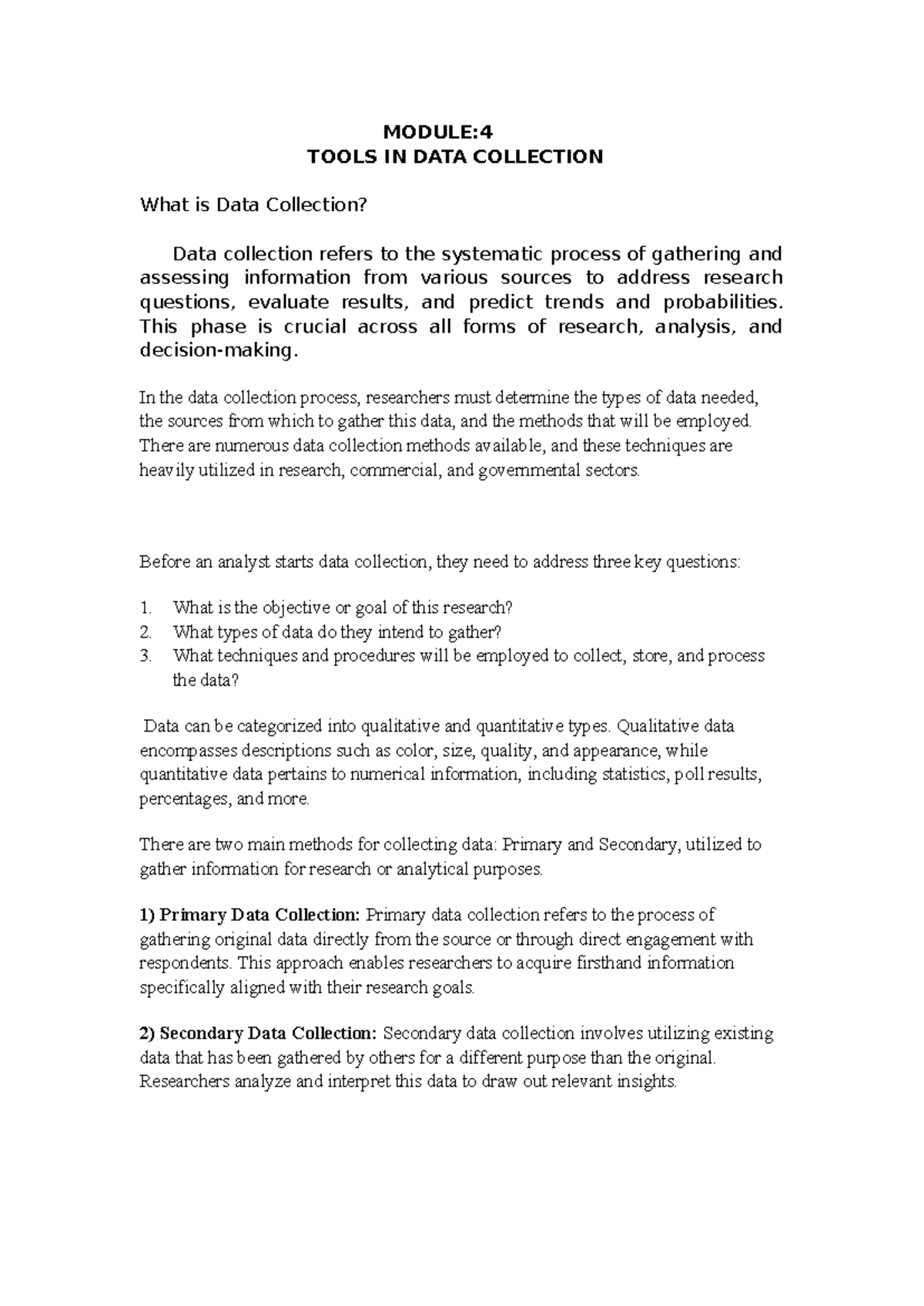 RM Module 4 - notes - MODULE: TOOLS IN DATA COLLECTION What is Data ...
