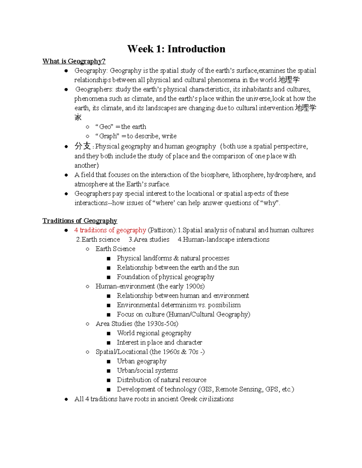 GEOG note - Lecture notes 1-4 - Week 1: Introduction What is Geography ...