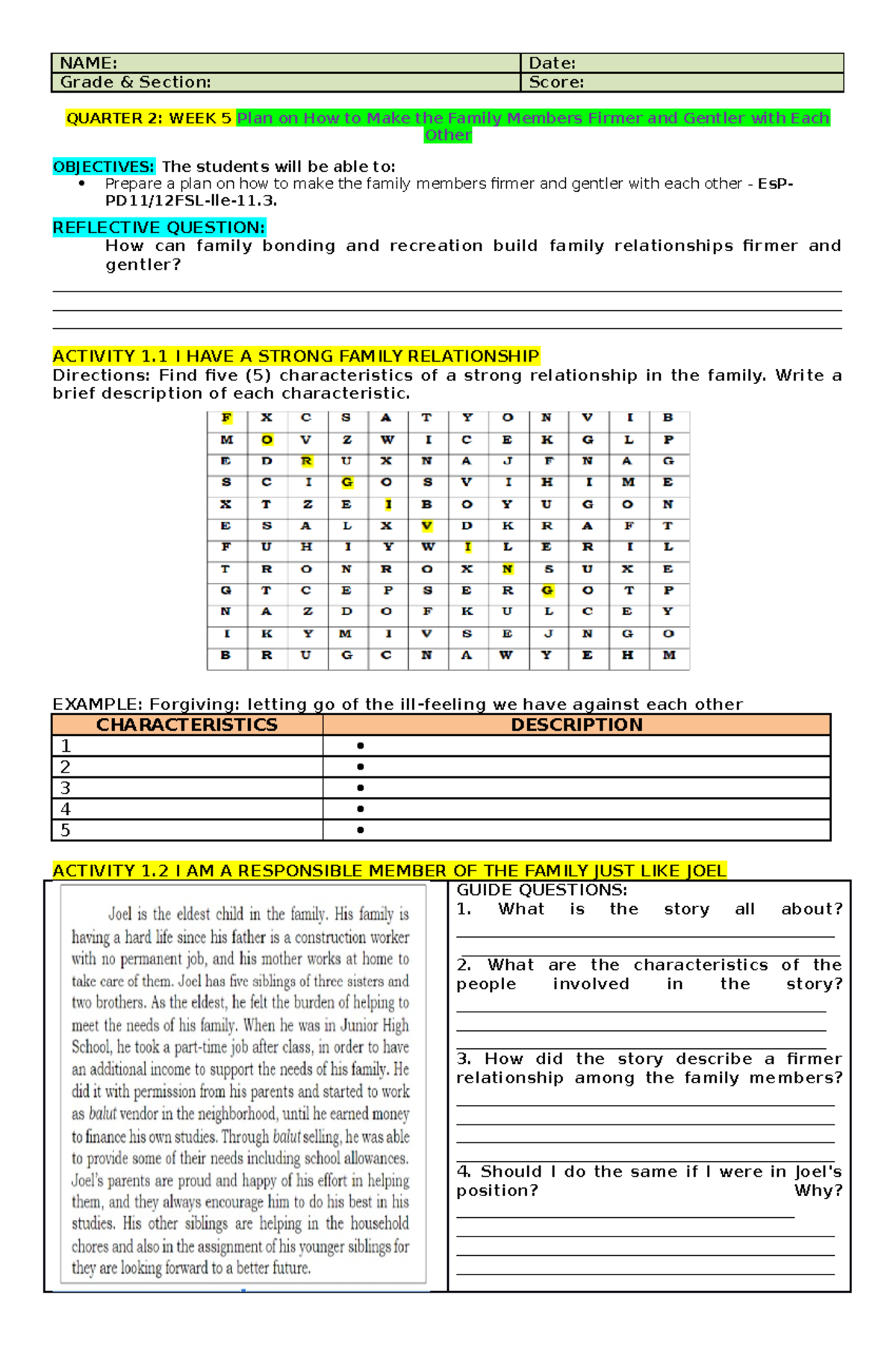 Quarter 2 WEEK 5 - NAME: Date: Grade & Section: Score: QUARTER 2: WEEK ...