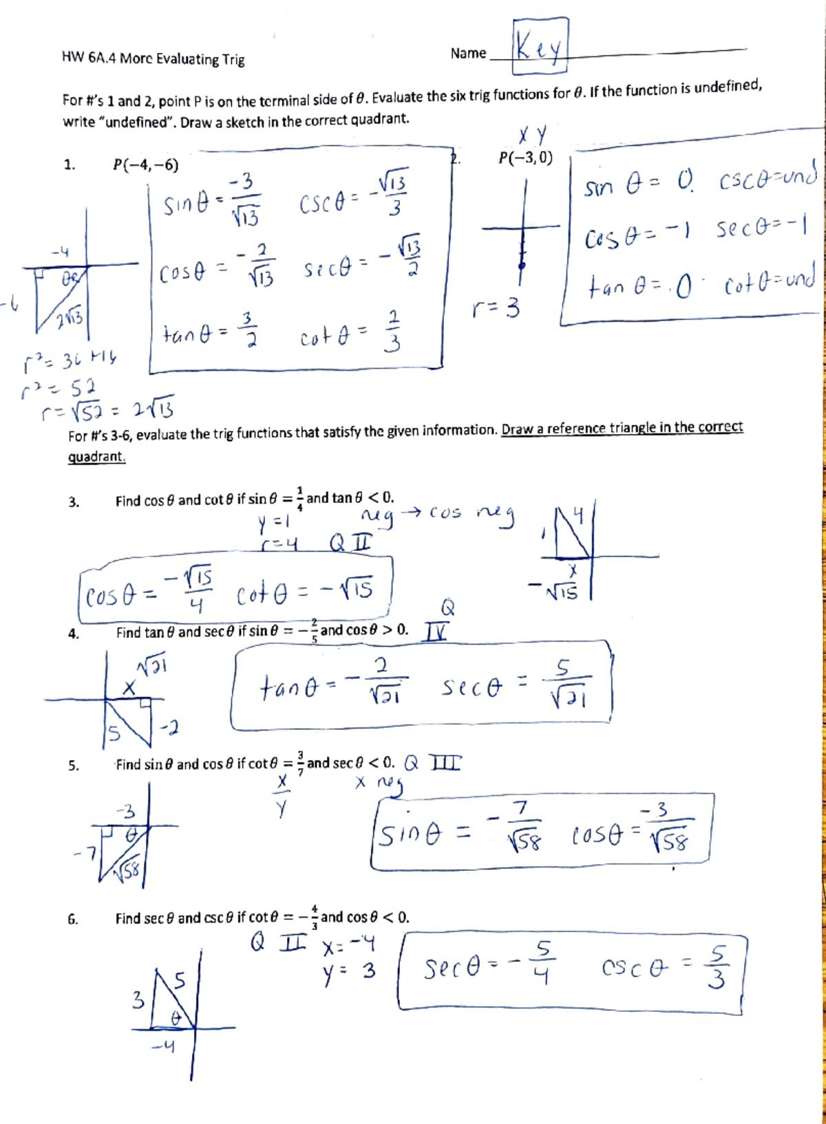 HW 6A.4 More Evaluating Trig Functions answers - HW 6A More Evaluating ...
