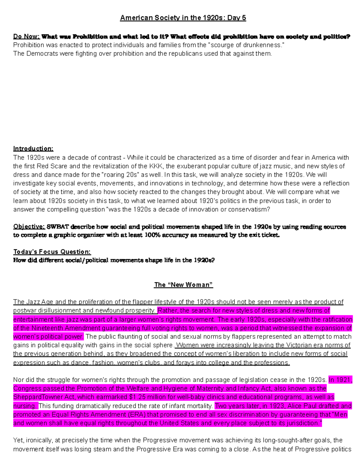 American Politics in the 1920s Day 5 - American Society in the 1920s ...