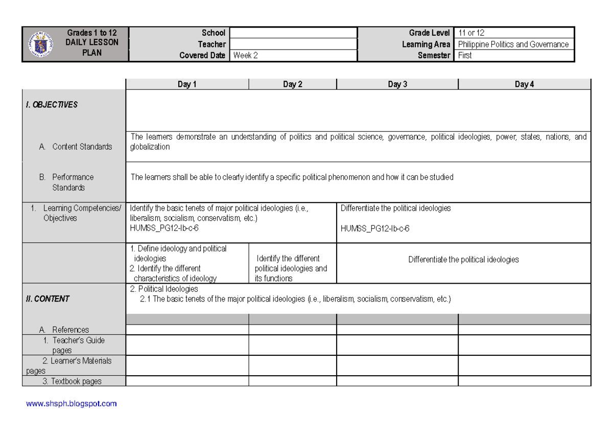 PPG Week b - Political Ideologies - Grades 1 to 12 DAILY LESSON PLAN ...