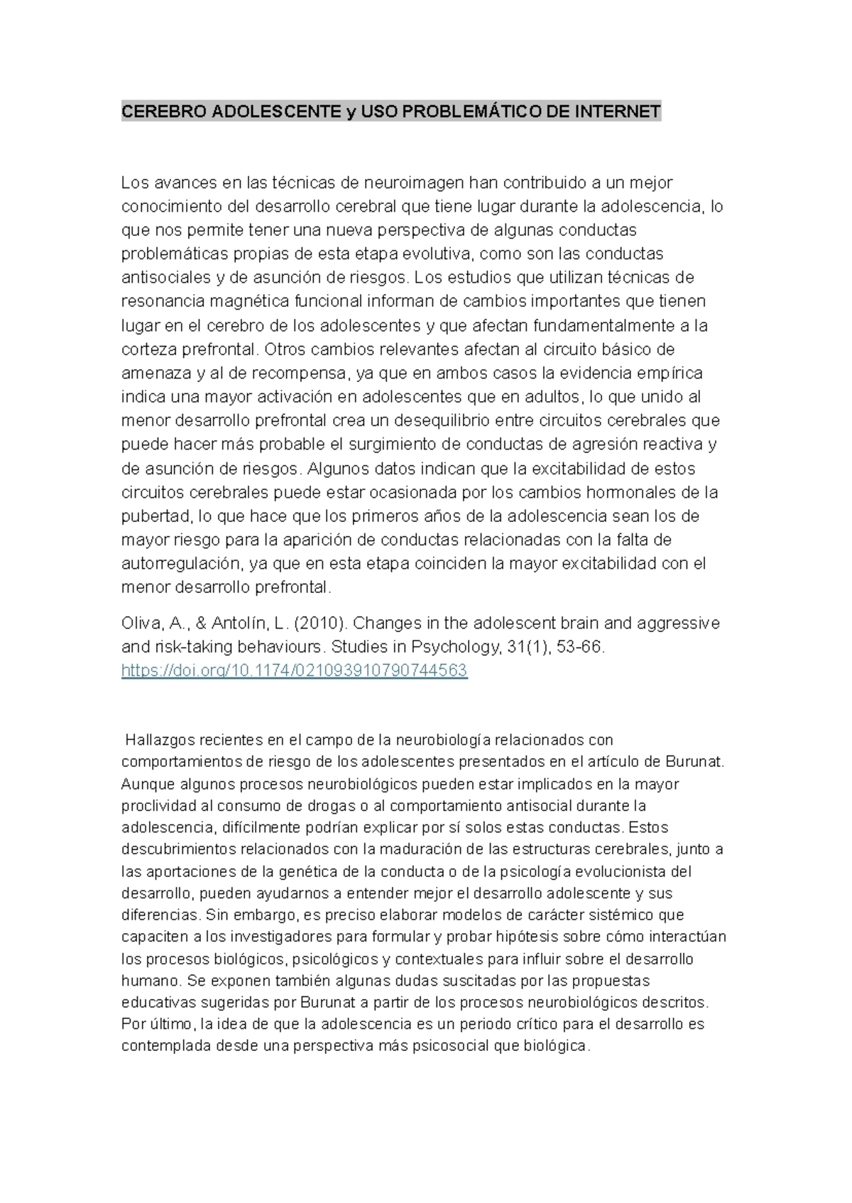 Cerebro Adolescente y uso problemático de internet - CEREBRO ...
