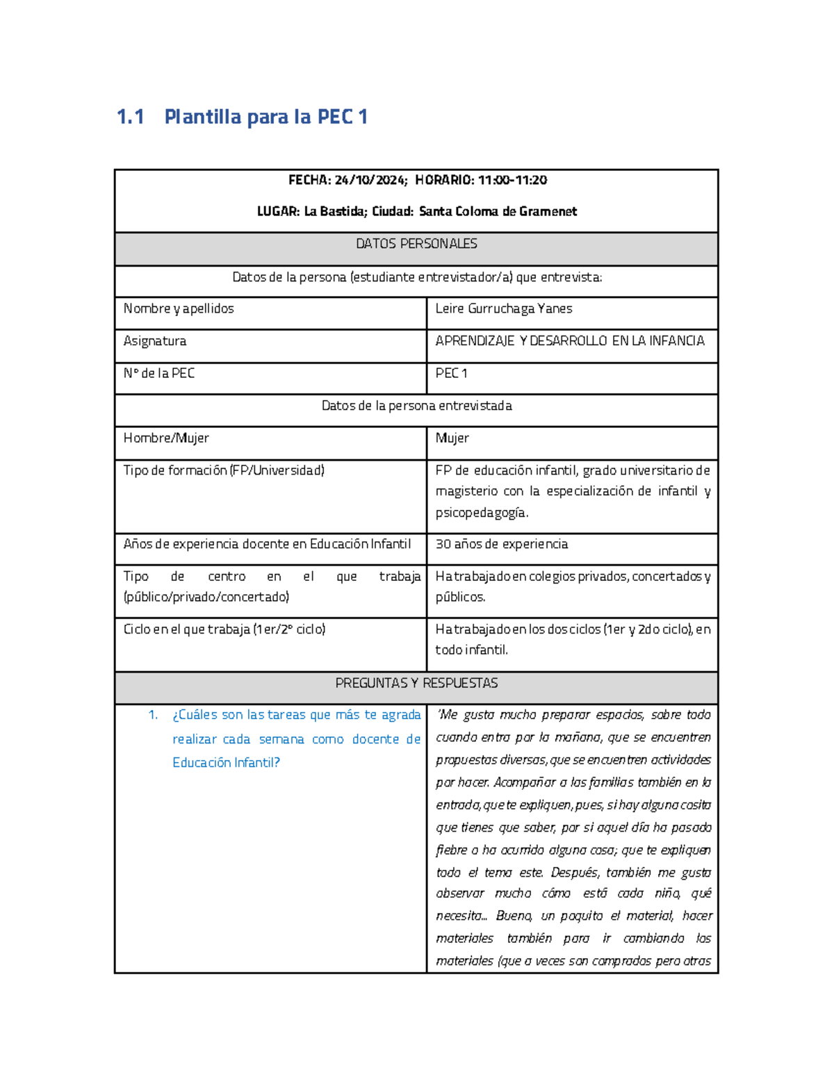 Pec1Aprendizaje - Instrucciones de la PEC 1 - 1 Plantilla para la PEC 1 FECHA: 24 / 10 /2024 ...