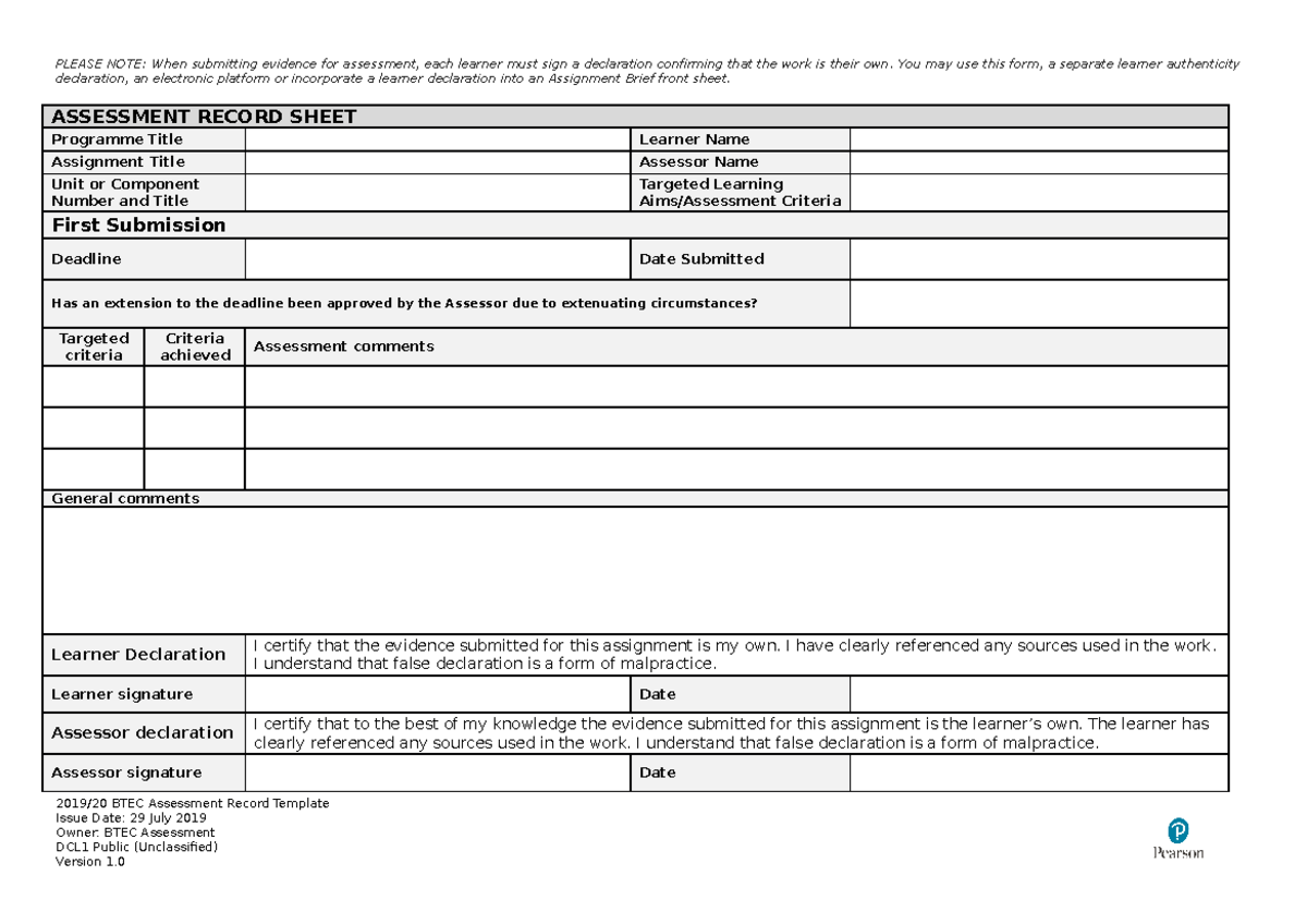 Btec Assessment Record Declaration An Electronic Platform Or