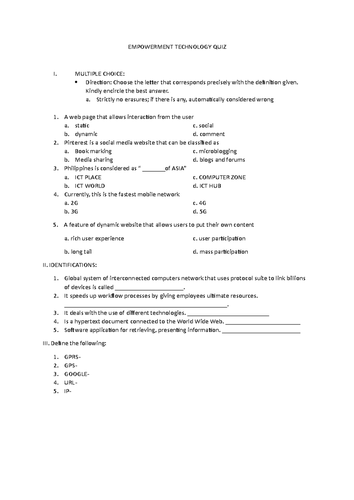 Empowerment Technology QUIZ EMPOWERMENT TECHNOLOGY QUIZ I MULTIPLE empowerment-technology-quiz-empowerment-technology-quiz-i-multiple