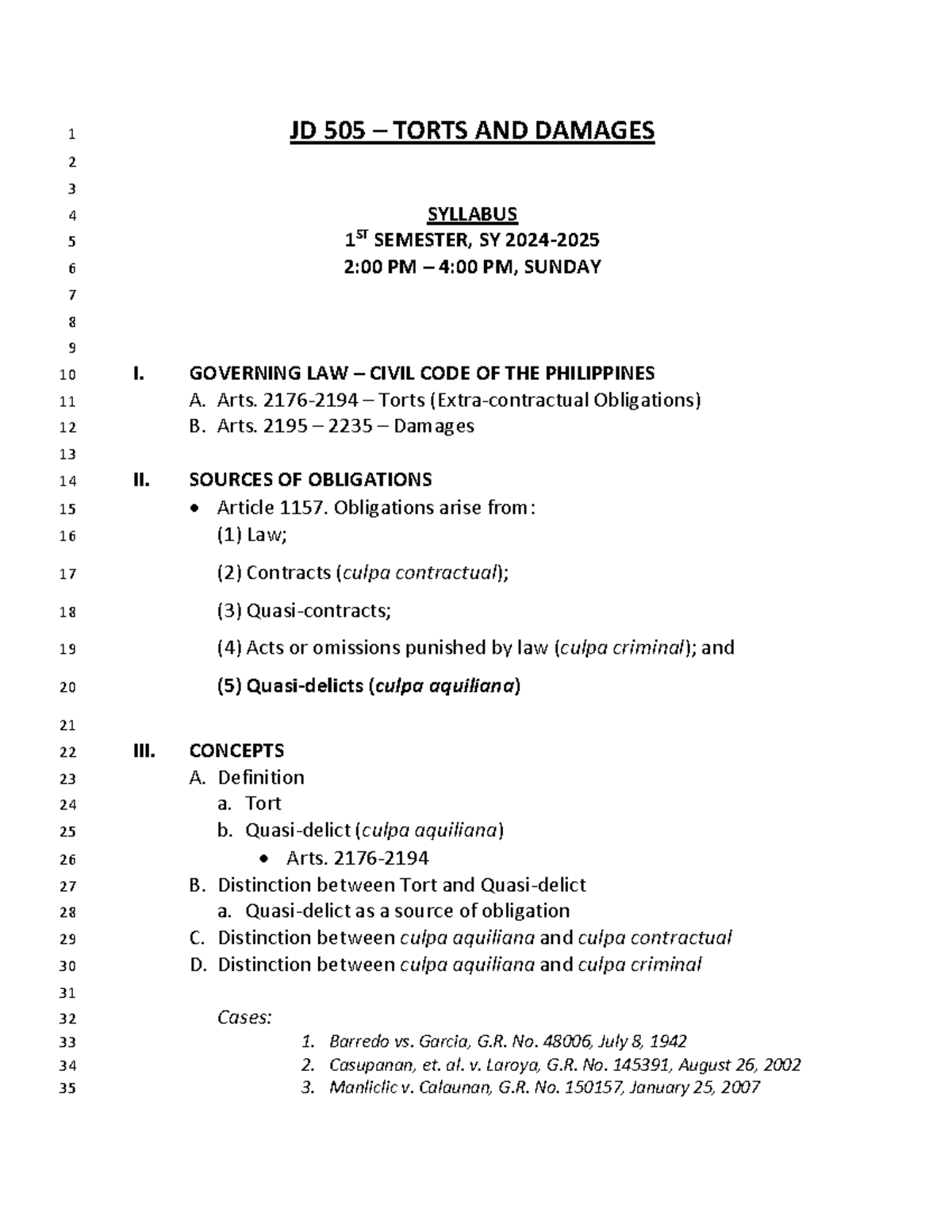 Torts- Damages- Syllabus - 1 JD 505 – TORTS AND DAMAGES 2 3 4 SYLLABUS ...