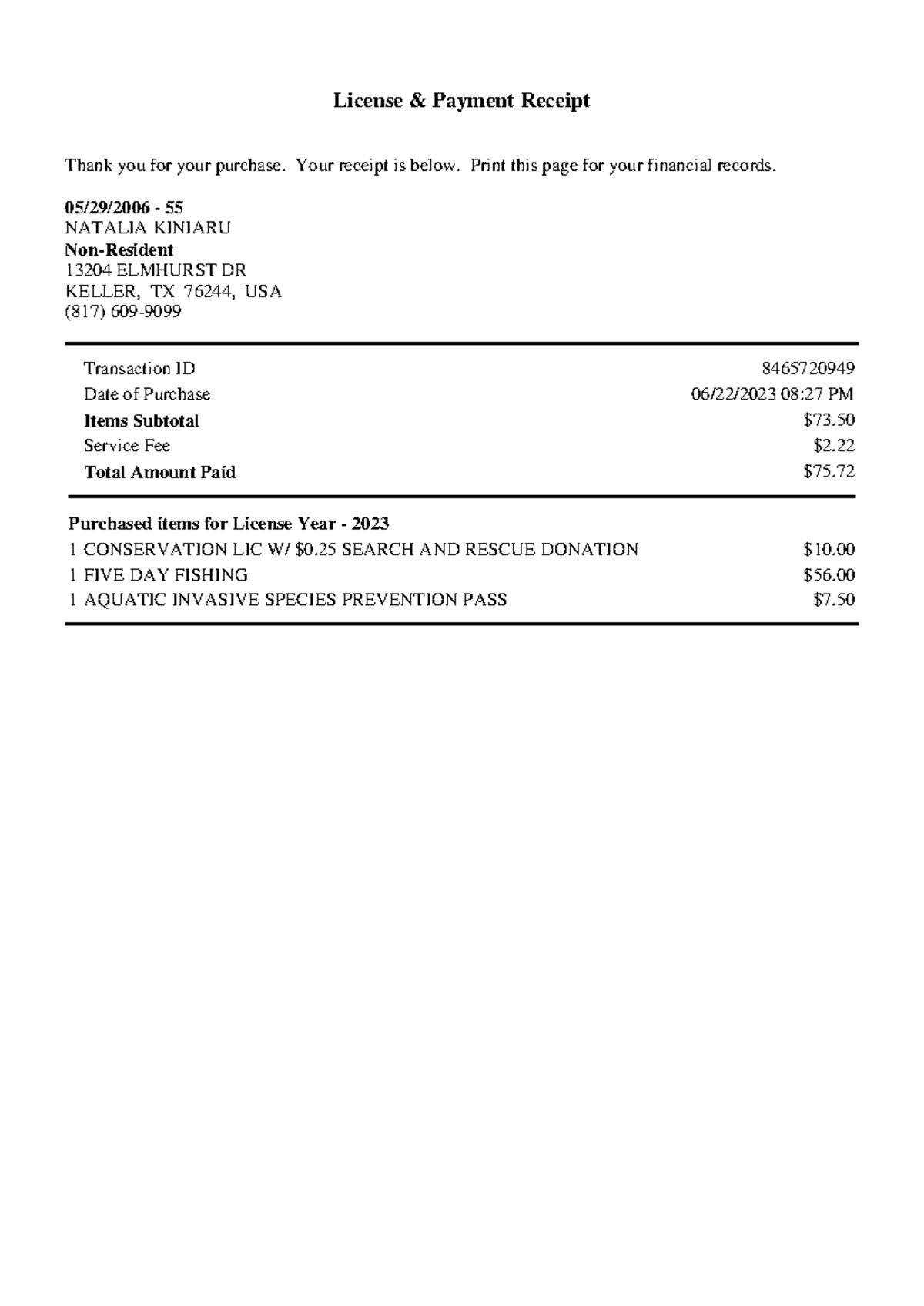 Receipt - MT Fish, Wildlife & Parks - License & Payment Receipt Thank ...