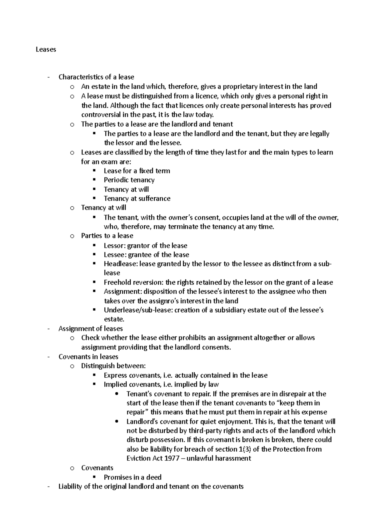Lecture 4 - Leases - Leases Characteristics of a lease o An estate in ...