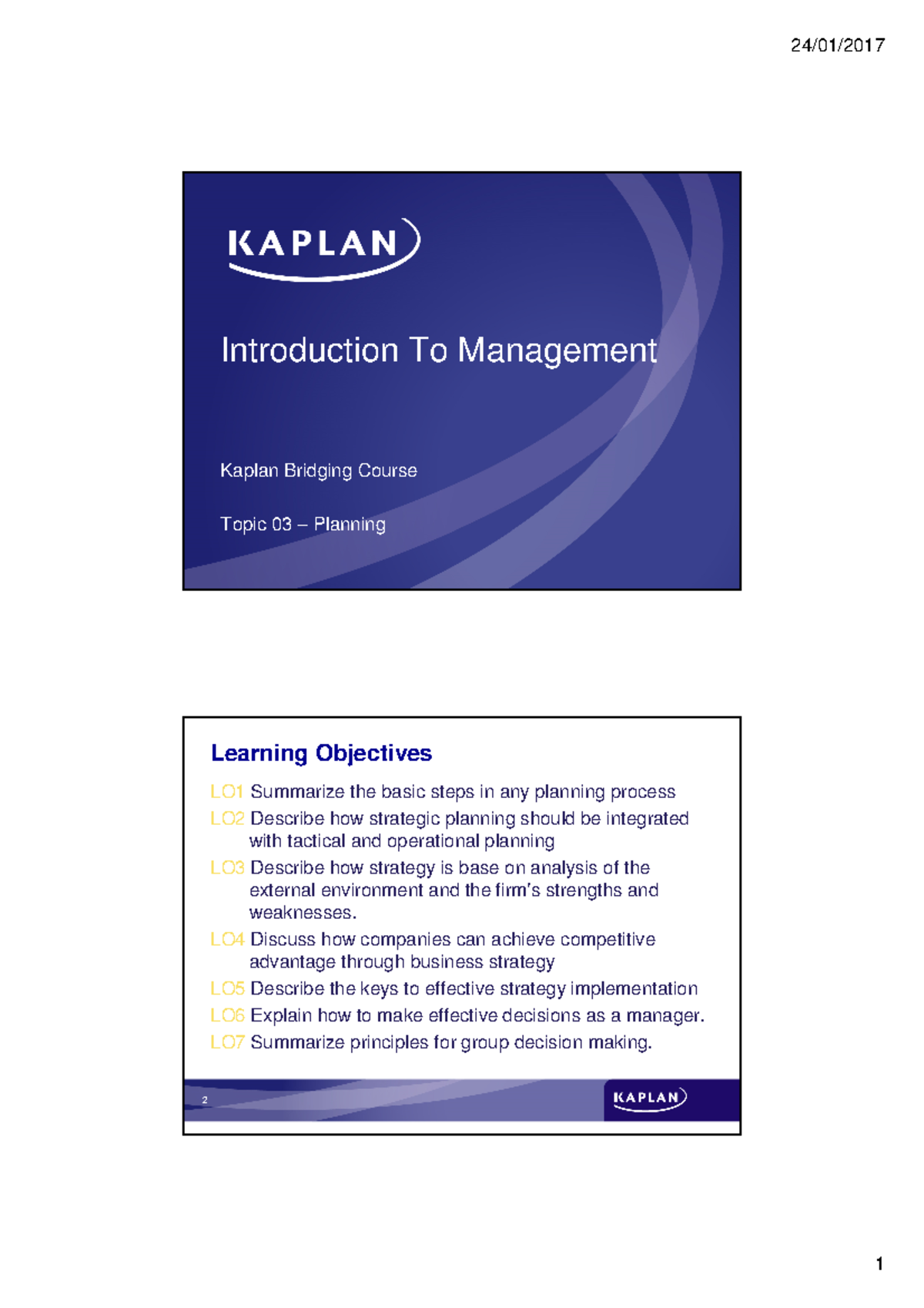 ITM Bridging Topic 03 - Planning - Introduction To Management Kaplan Bridging Course Topic 03 ...