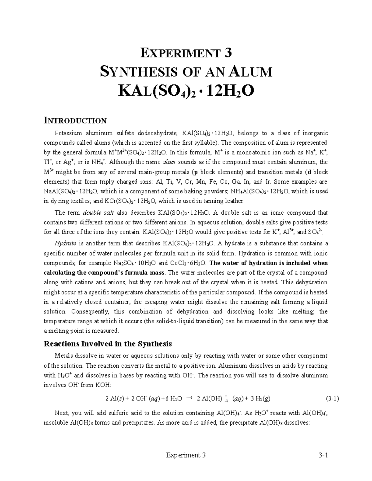 Uof C GL03 Lab - lab - EXPERIMENT 3 SYNTHESIS OF AN ALUM KAL(SO 4 ) 2 ...