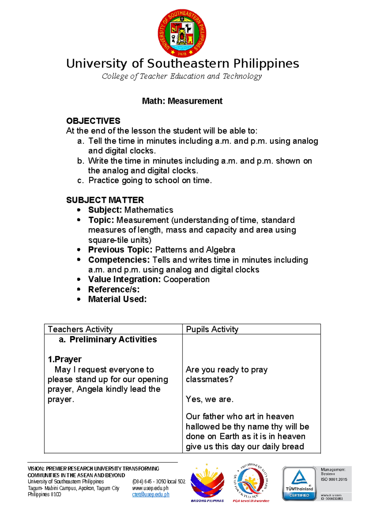 Lesson-PLAN - • measures of length, mass and capacity and area using ...
