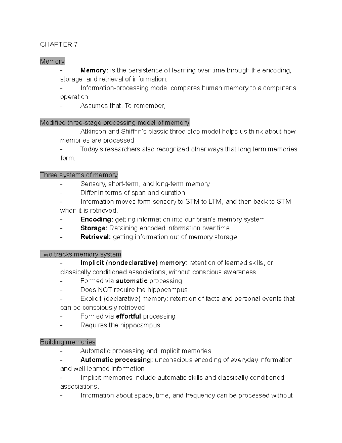 Memory: Encoding Storage and Retrieval - Studocu