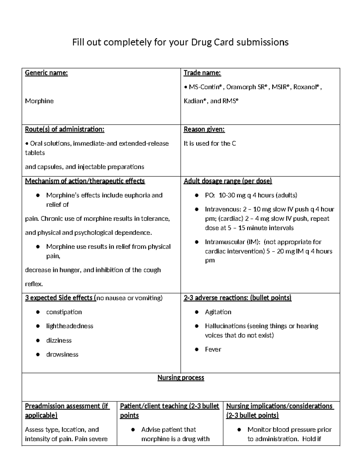 Morphine Drug Card - notes - Fill out completely for your Drug Card ...