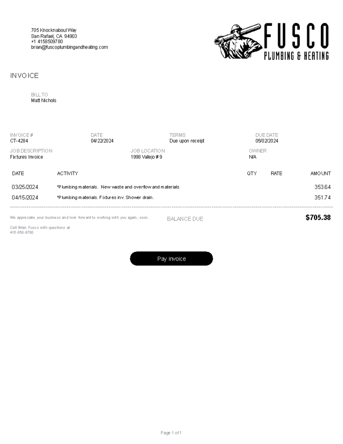 1998 Vallejo #9 Fixtures Invoice - Page 1 of 1 705 Knocknaboul Way San ...