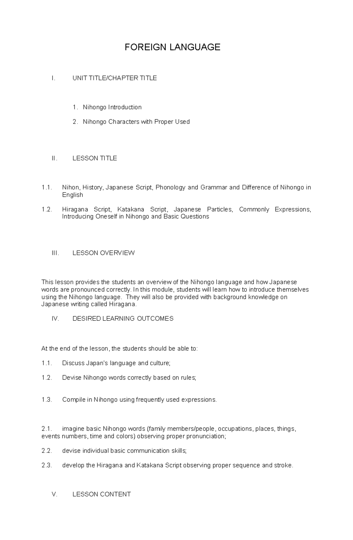 Foreign Language - Introduction - FOREIGN LANGUAGE I. UNIT TITLE ...