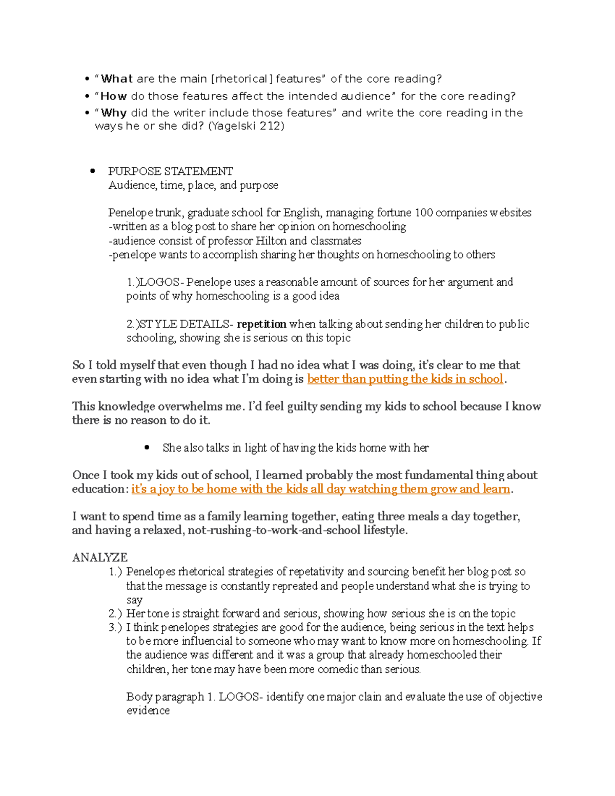 Rhetorical analysis paper - “What are the main [rhetorical] features ...