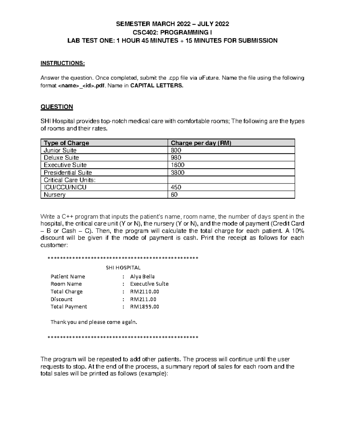 20222 Csc402 Lab Test Question Semester March 2022 July 2022 Csc402 Programming I Lab Test 