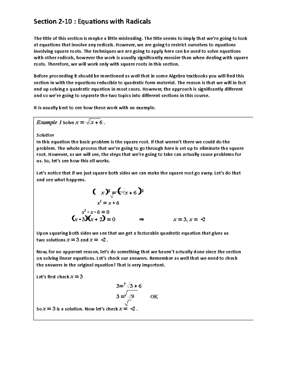Equations with radicals - Section 2-10 : Equations with Radicals The ...