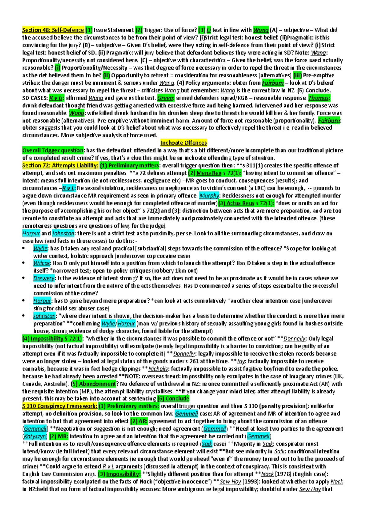 Crimes Exam Cheat Sheet - Section 48: Self-Defence (1) Issue Statement ...