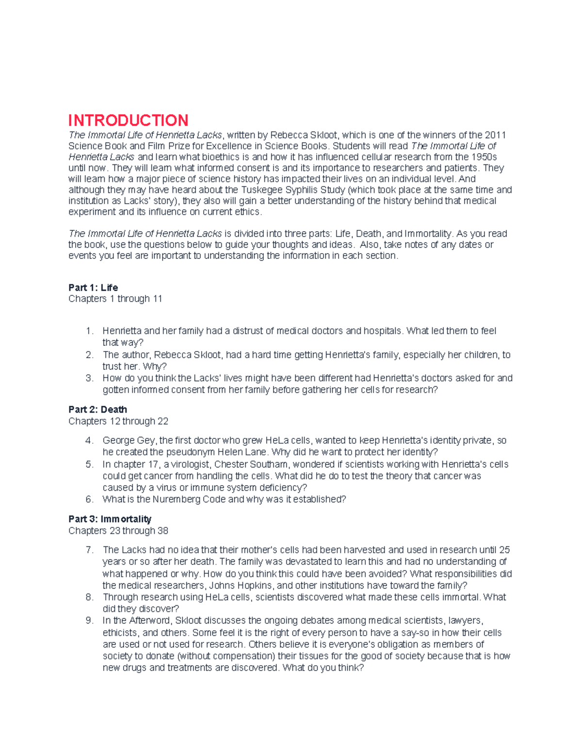 HeLa Reading Guide - INTRODUCTION The Immortal Life of Henrietta Lacks ...
