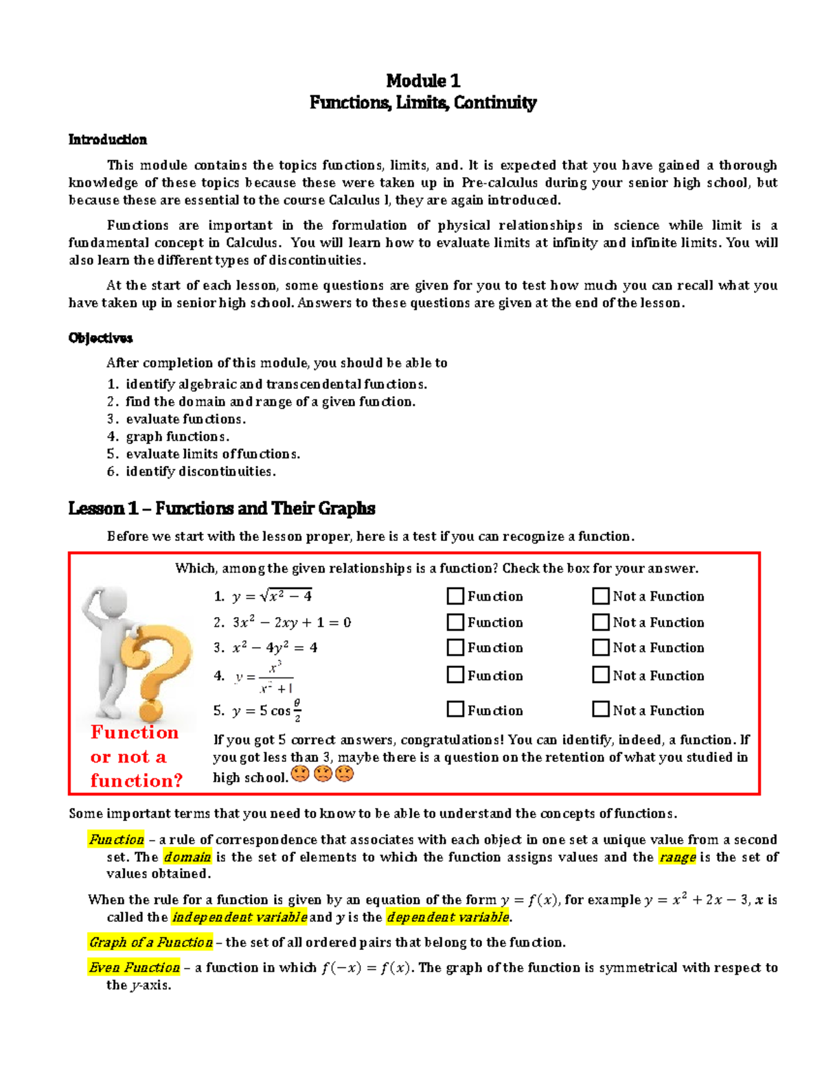 engineering calculus - Module 1 Functions, Limits, Continuity ...