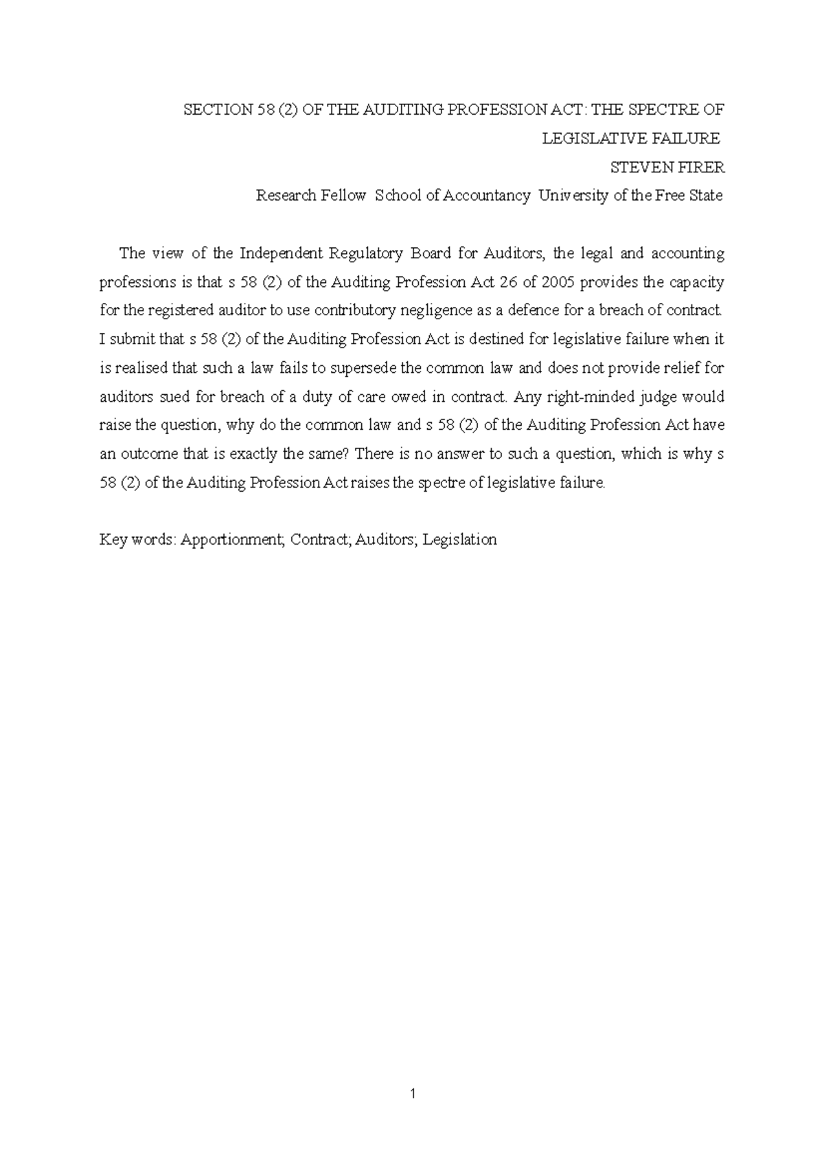 Contractual actions and auditors liability Final - SECTION 58 (2) OF ...